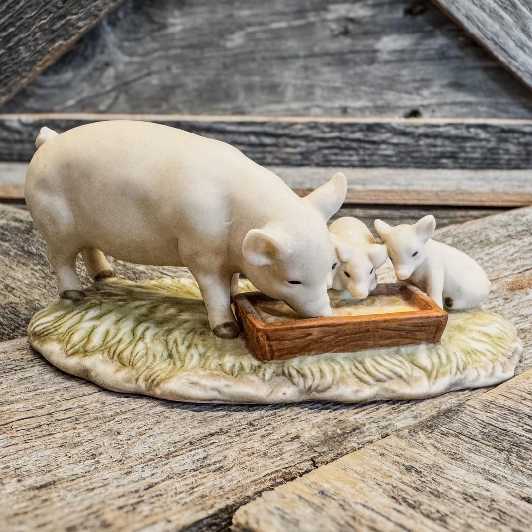 Vintage Momma Pig W 3 Piglets Eating From Trough Figurine by George ...
