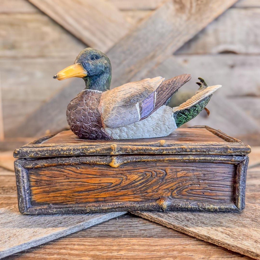 Vintage Rustic Mallard Duck Faux Wood Lidded Trinket Box-8”w X 6.5”h ...