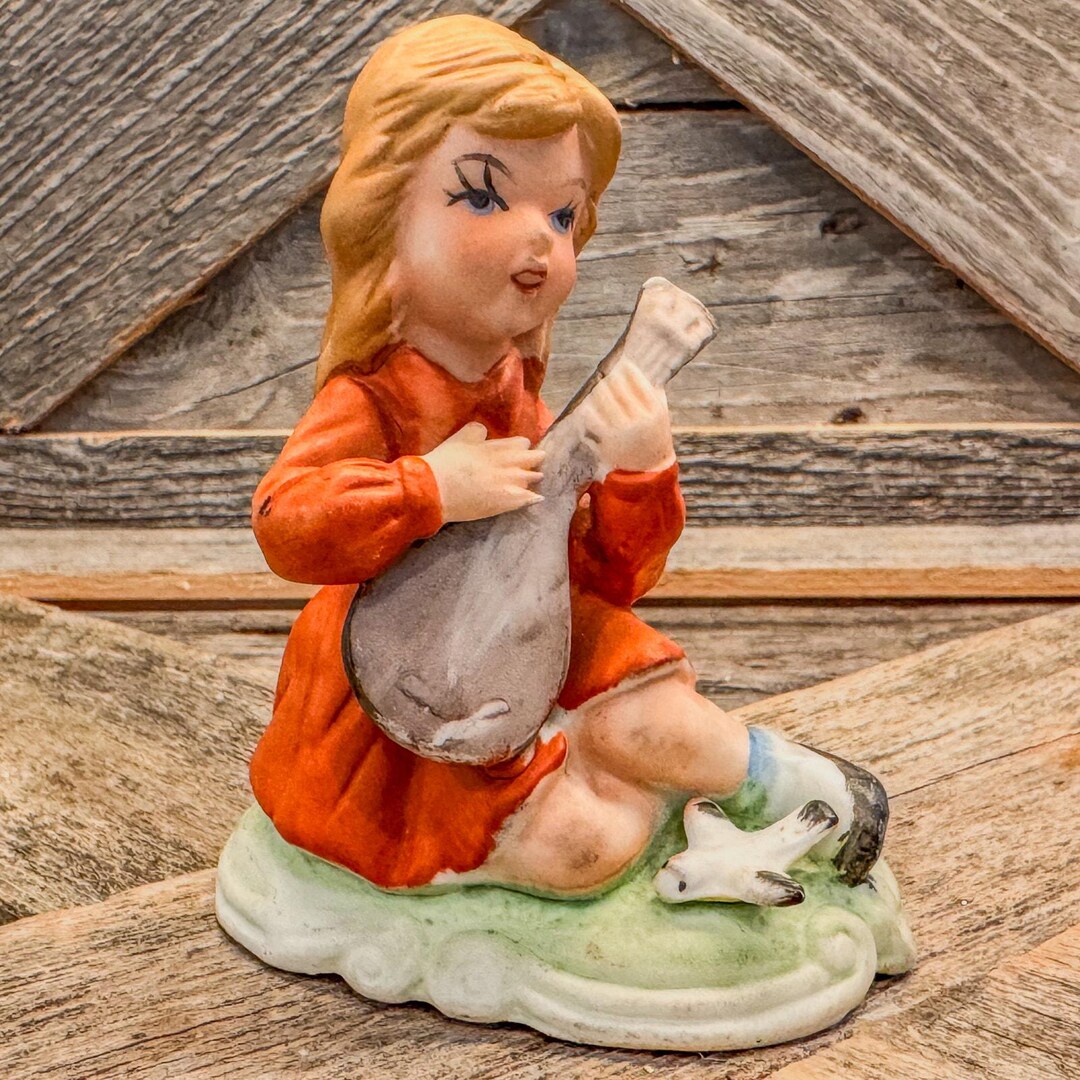 Vintage Royal Coronet, Porcelain Girl Playing Mandolin on Grass W/ Bird ...