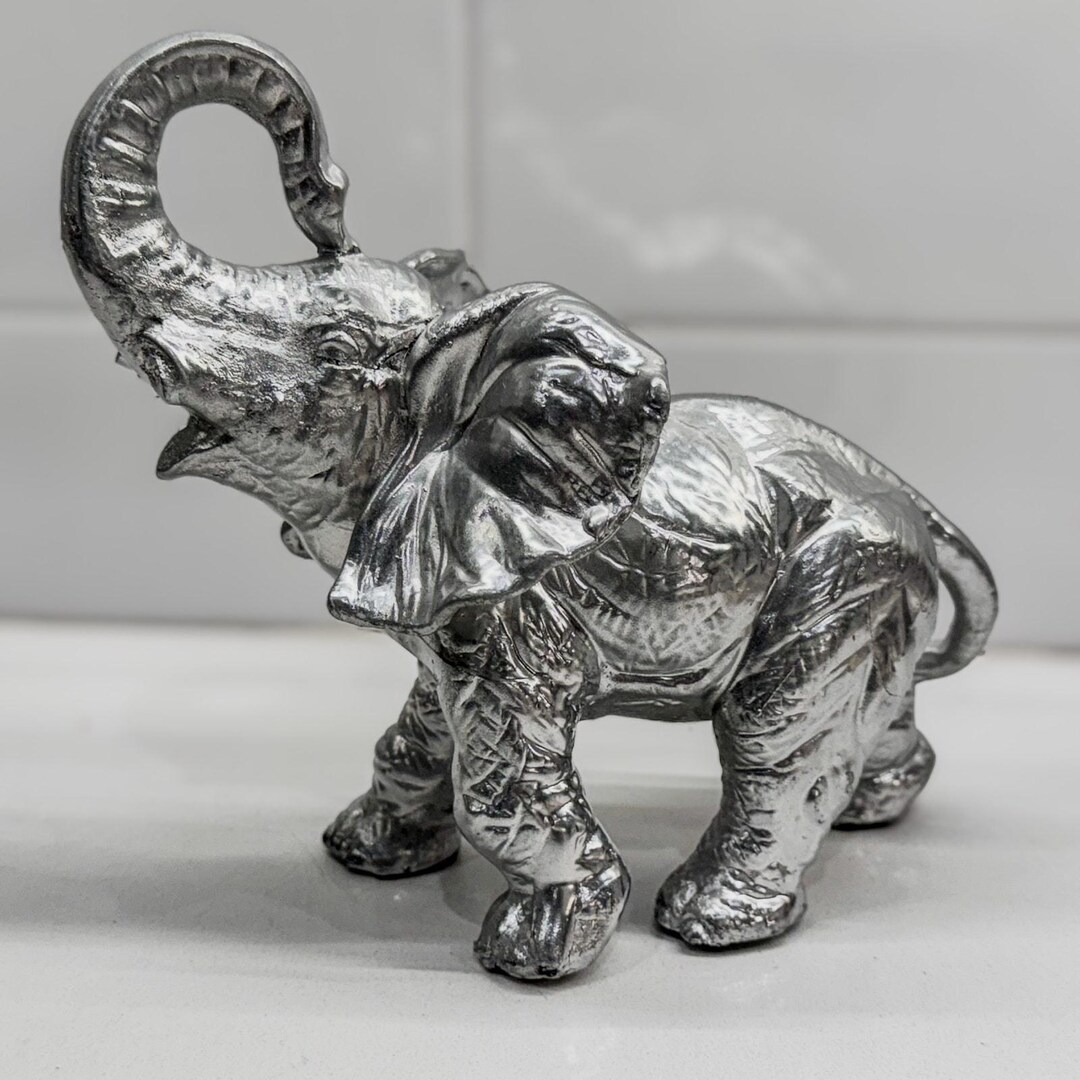 Good Luck Elephant Figurine, Trunk Upward, Silver- Painted Resin, 6.25 ...