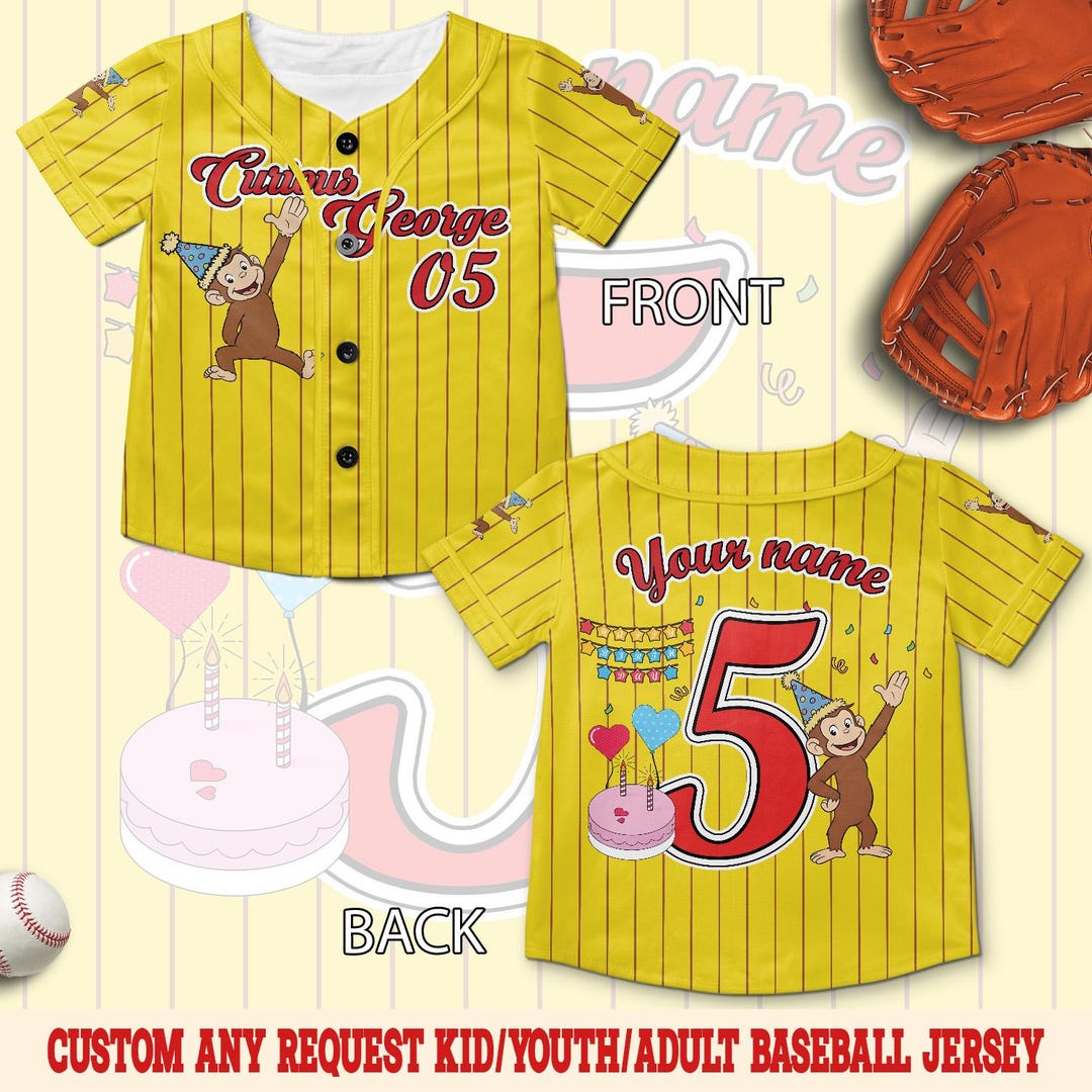 Custom Curious George Birthday Baseball Jersey, Kids Personalized ...