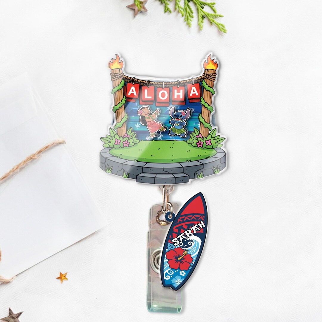 Lilo and Stitch Badge Reel, Cute Disney Acrylic ID Holder, Hologram ...