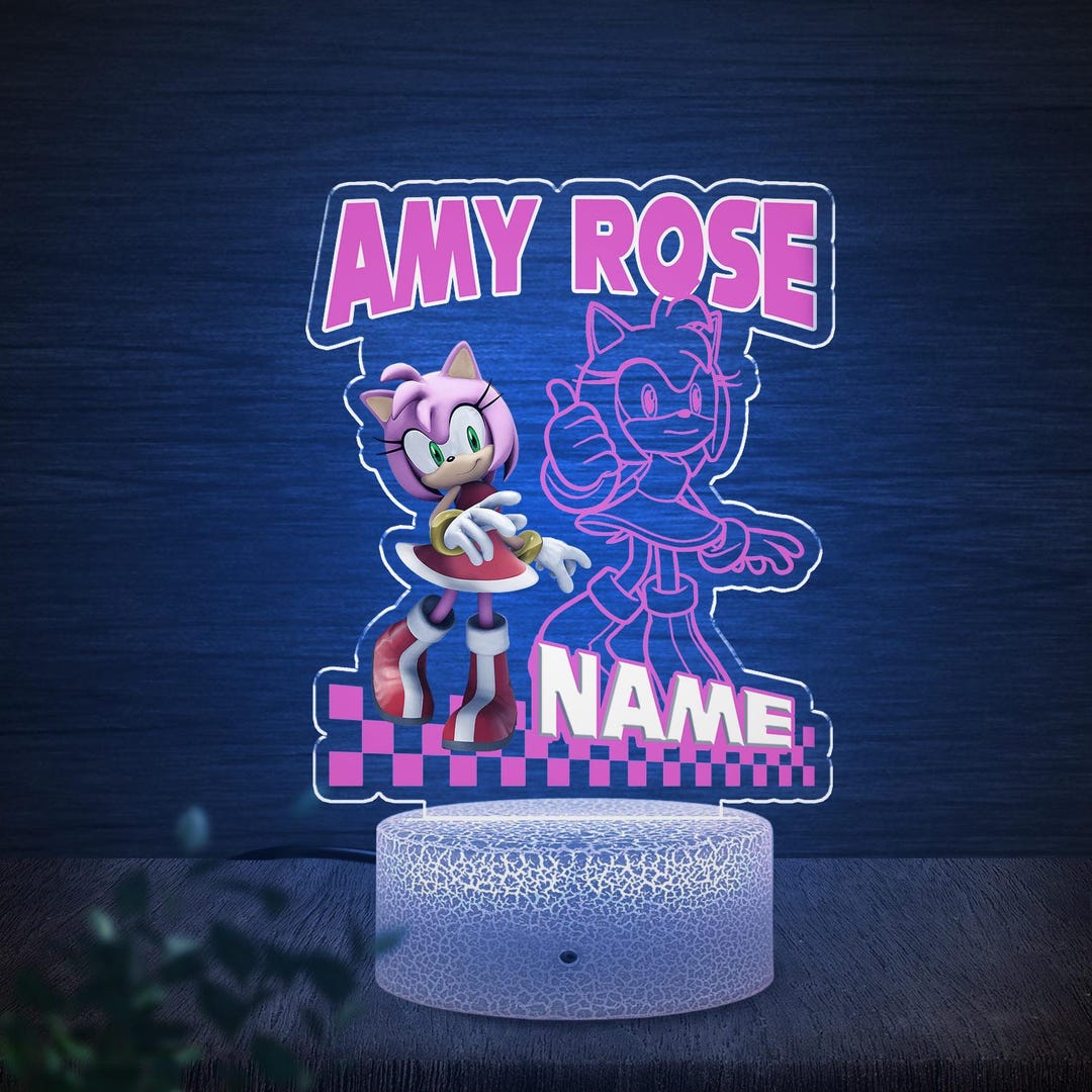 Retro Amy Rose Night Light, Personalized Name LED Lamp, Sonic Hedgehog ...