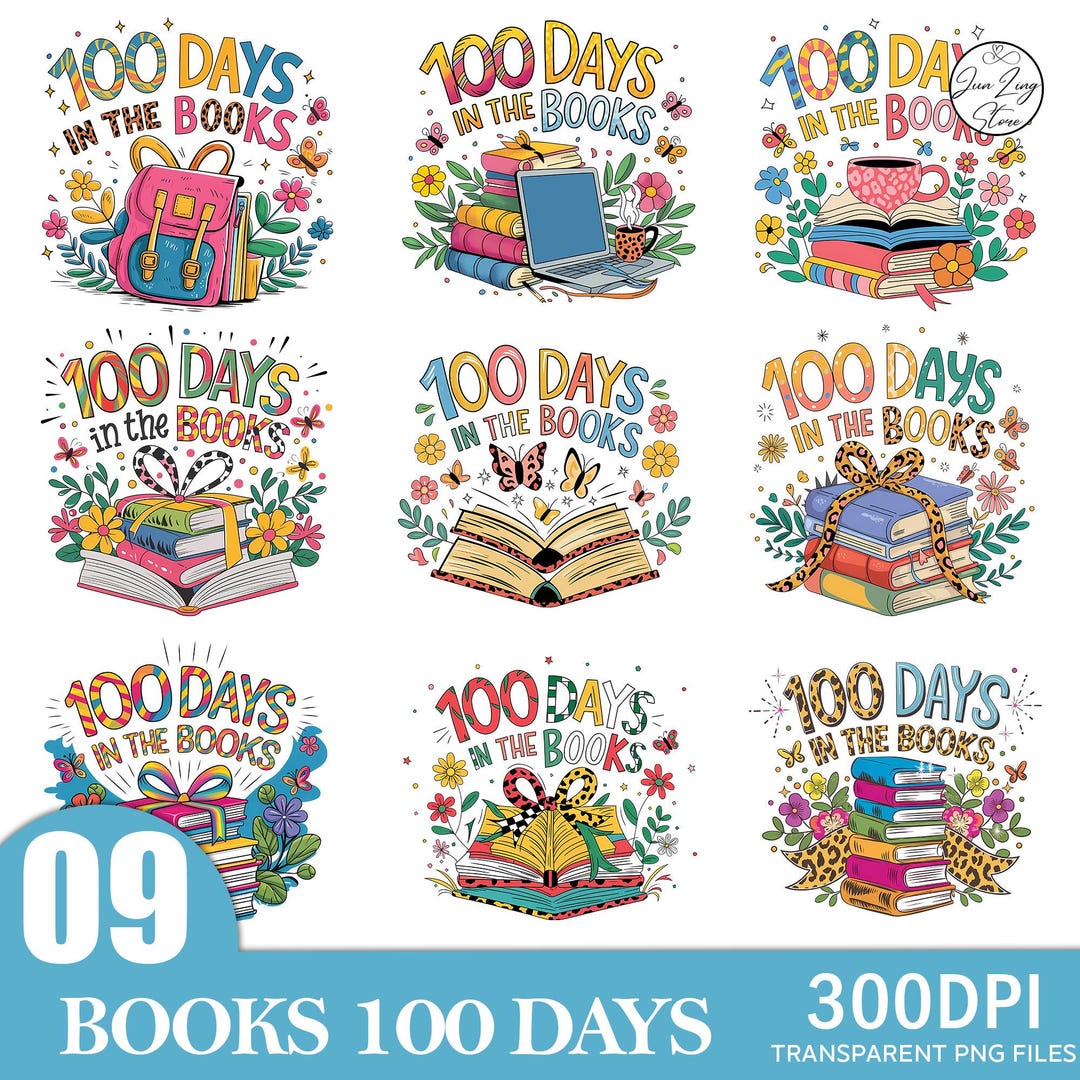 10 100 Days in the Books Clipart Bundle, Retro 100 Days of Scchool Png ...