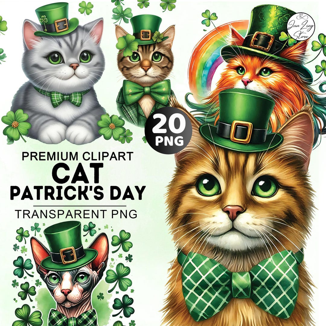 20 St. Patrick's Day Clipart Bundle, Watercolor St. Patrick's Day Cats Clipart, Cute Cats Png ...