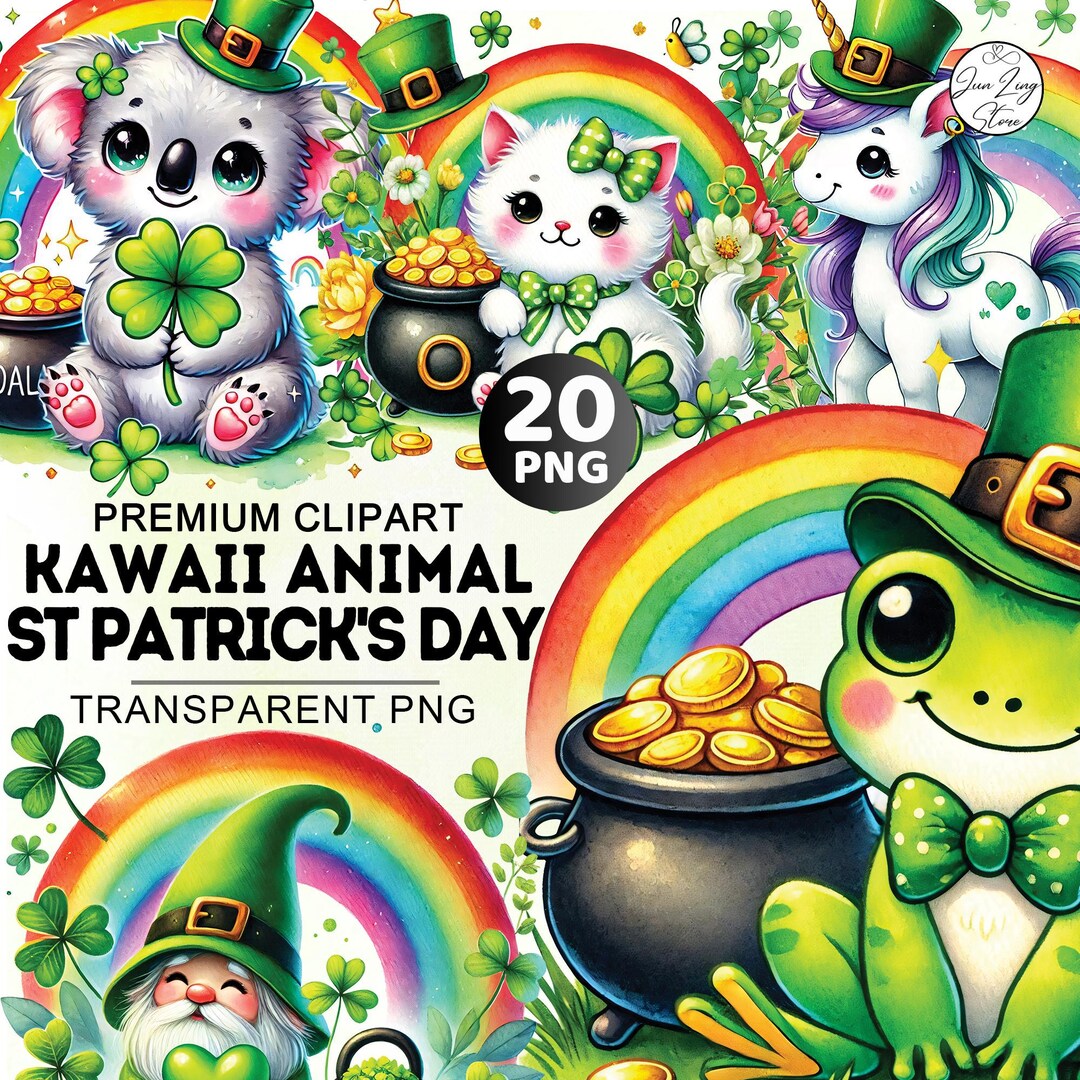 20 Cute Irish Animal Clipart Bundle, St. Patrick Day Kawaii Animal ...