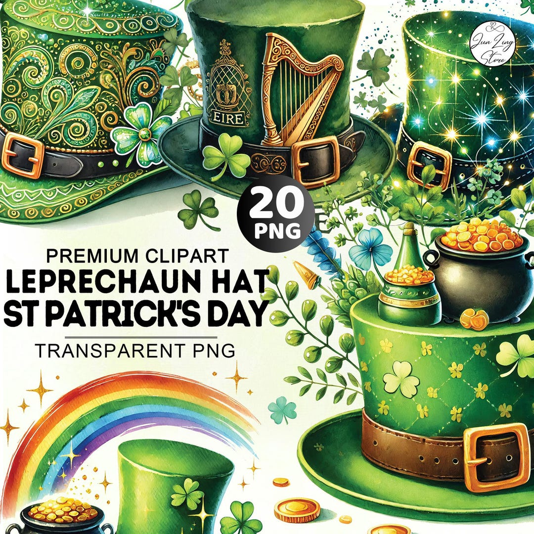 20 Emerald Hat Clipart Bundle, Watercolor Leprechaun Hat Clipart, Green ...