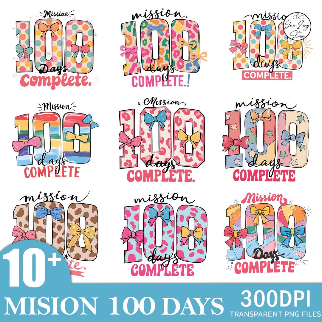 10 Mission 100 Days Complete Clipart Bundle, Teacher 100 Days Png ...