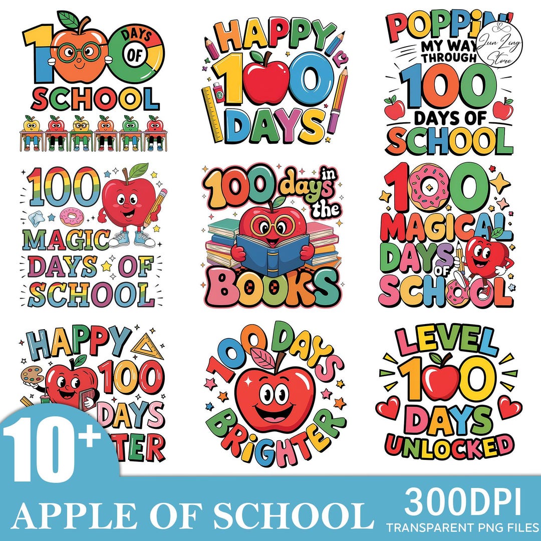 10 100 Days in the Apple Clipart Bundle, 100 Days of School Png, Retro ...