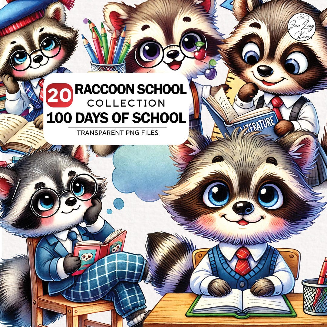 20 Raccoon 100 Days of School Clipart Bundle, Funny School Png, Raccoon ...
