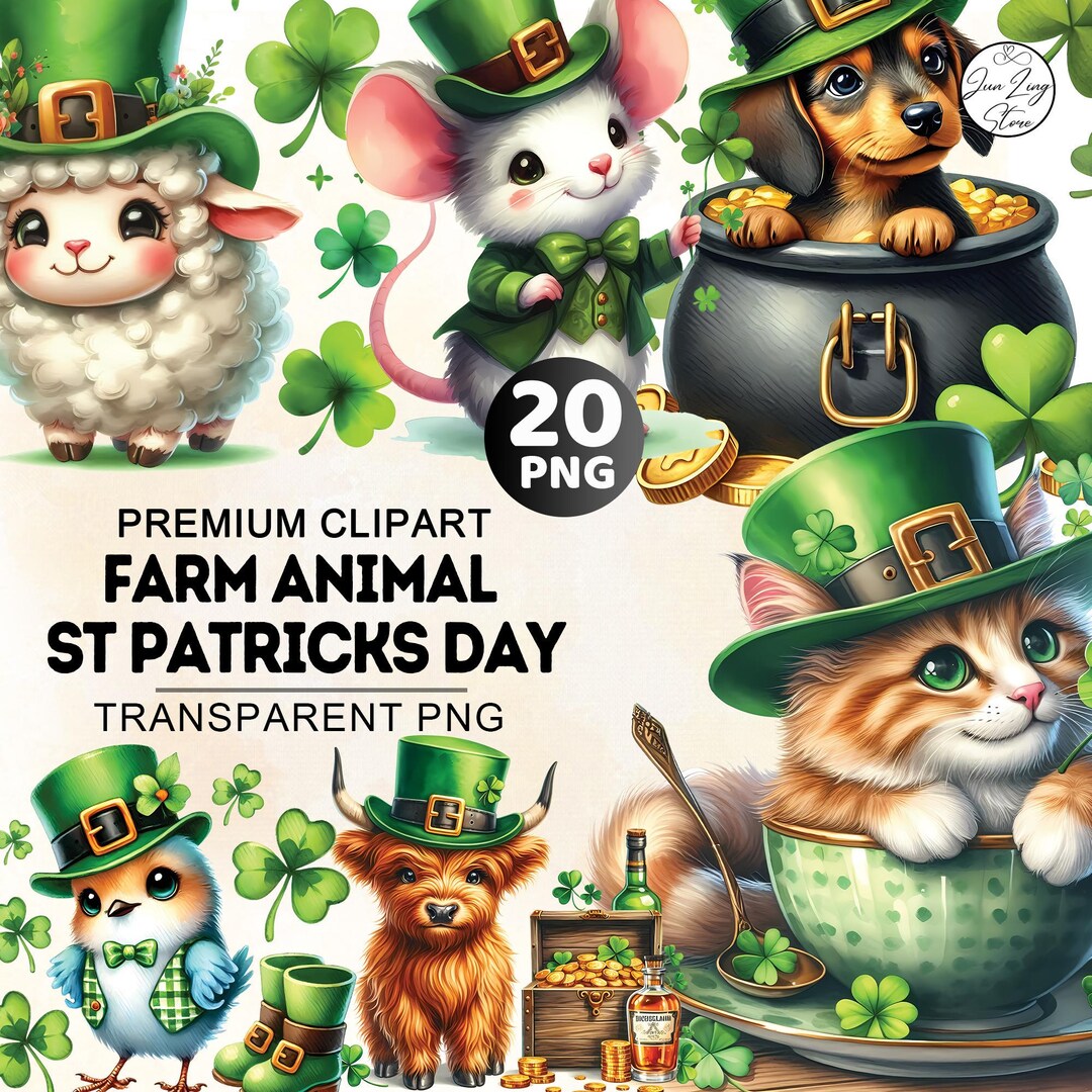 20 Cute Patrick Animal Clipart Bundle, Watercolor St Patrick's Day Farm ...