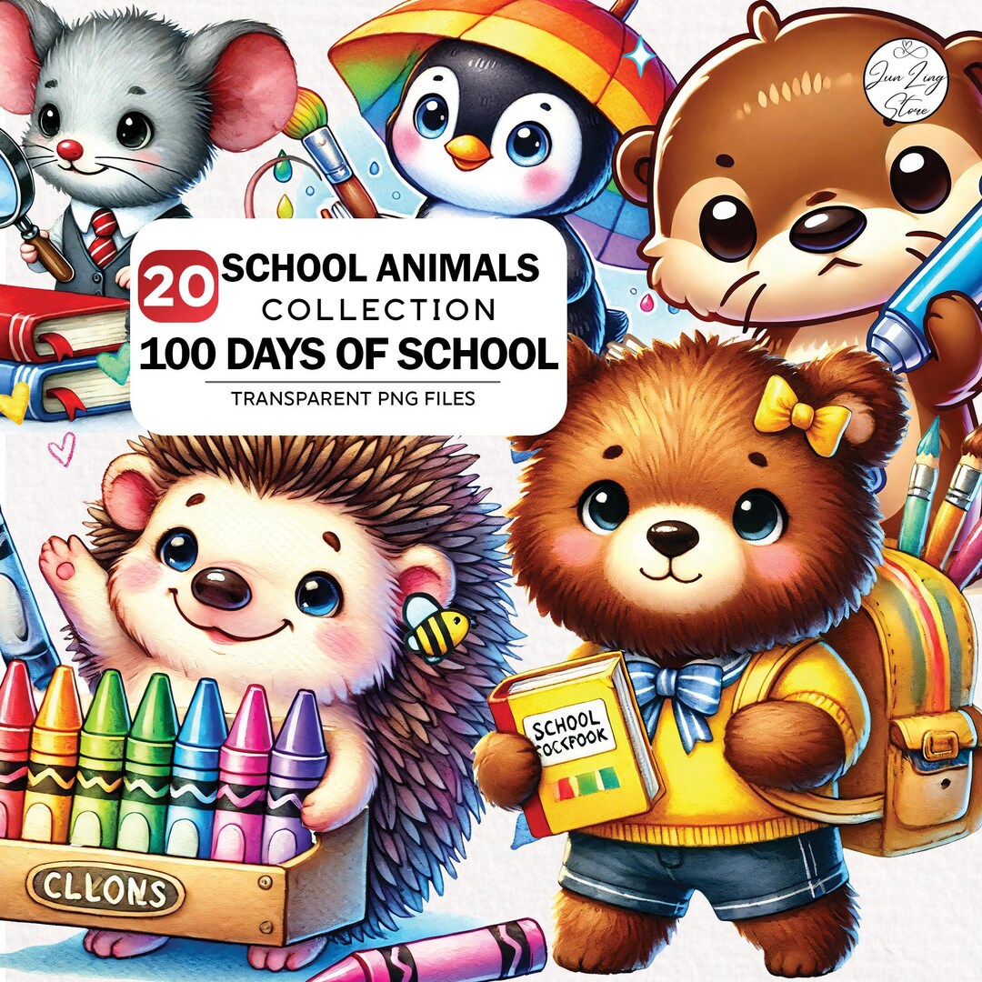 20 School Animals Clipart Bundle, 100 Days of School Png, Cute Kids ...