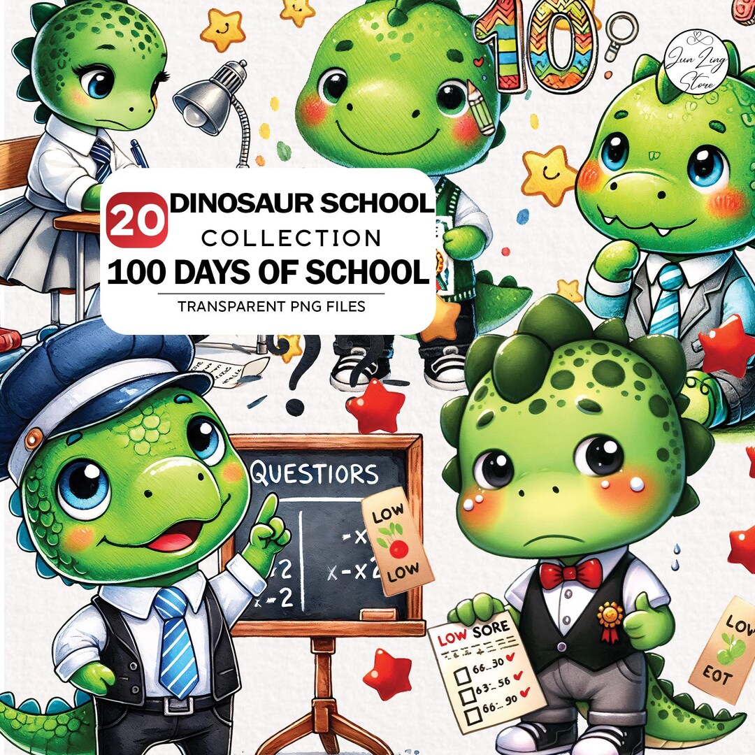 20 Dinosaur 100 Days of Shcoo Clipart Bundle, School Animals Png, Cute ...