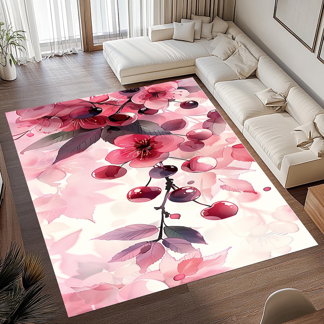 Cherry Blossom Pattern Rug: Red Floral Carpet, Non-slip Cotton Base ...