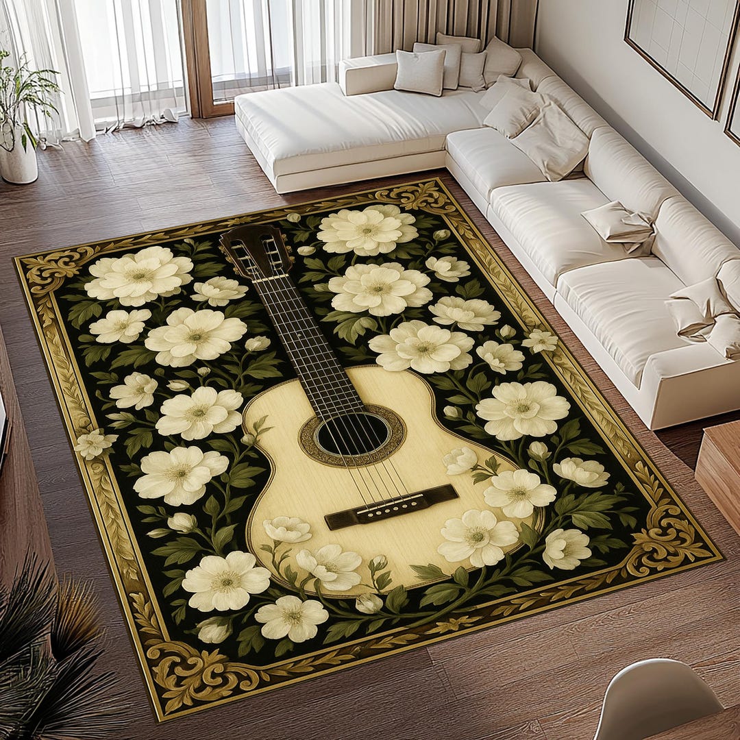 Floral Guitar Rug, Guitar Carpet, Classic Guitar Rug, Acoustic Guitar ...