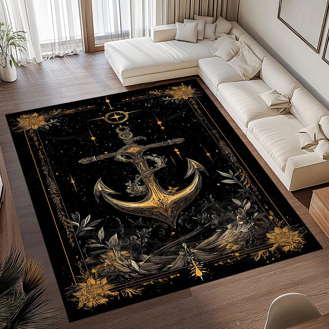 Bohemian Nautical Rug, Gold Anchor Rug,anchor Rug,anchor Pattern Rug ...