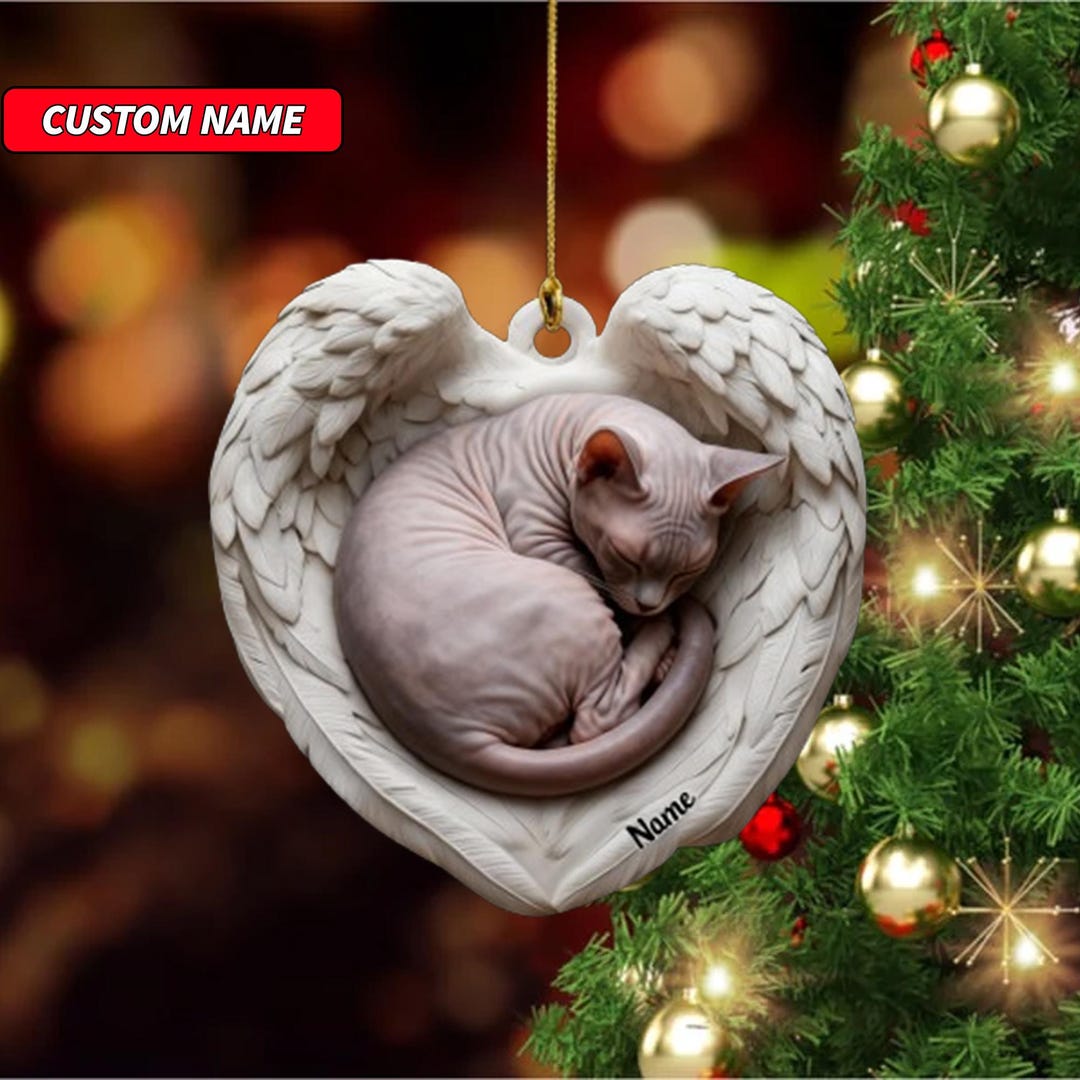 Personalized Sphynx Cat Sleeping Angel Wings Ornament, 2D Flat ...