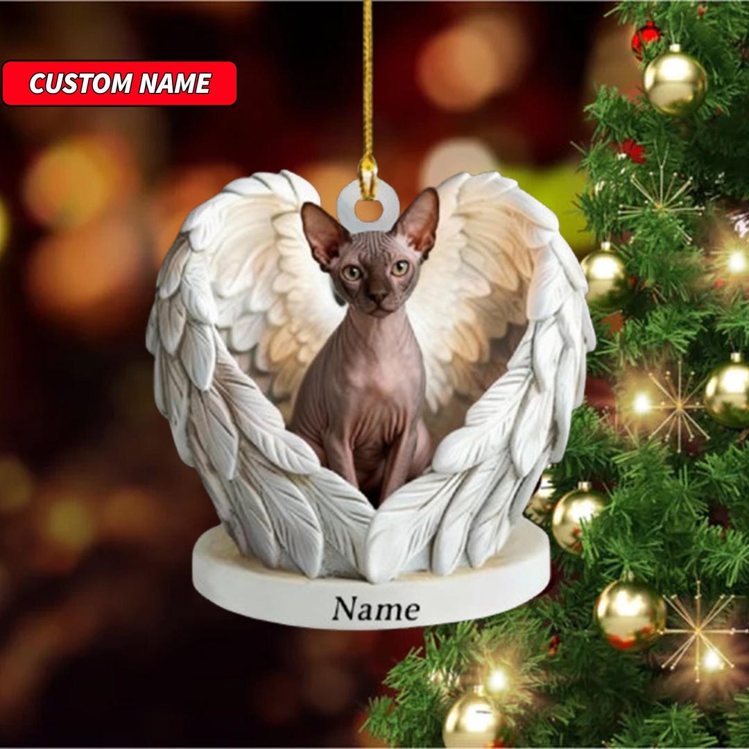 Personalized Sphynx Cat Angel Wings Ornament, 2D Flat Christmas ...