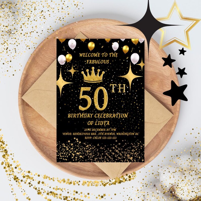 50TH BIRTHDAY Invitation/black and Gold/digital Download/sophisticated/blingy/glittery - Etsy