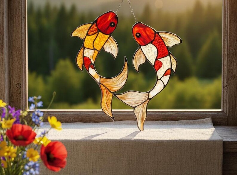 Koi Fish Stained Glass Suncatcher, Yin Yang Window Hanging, Japanese ...