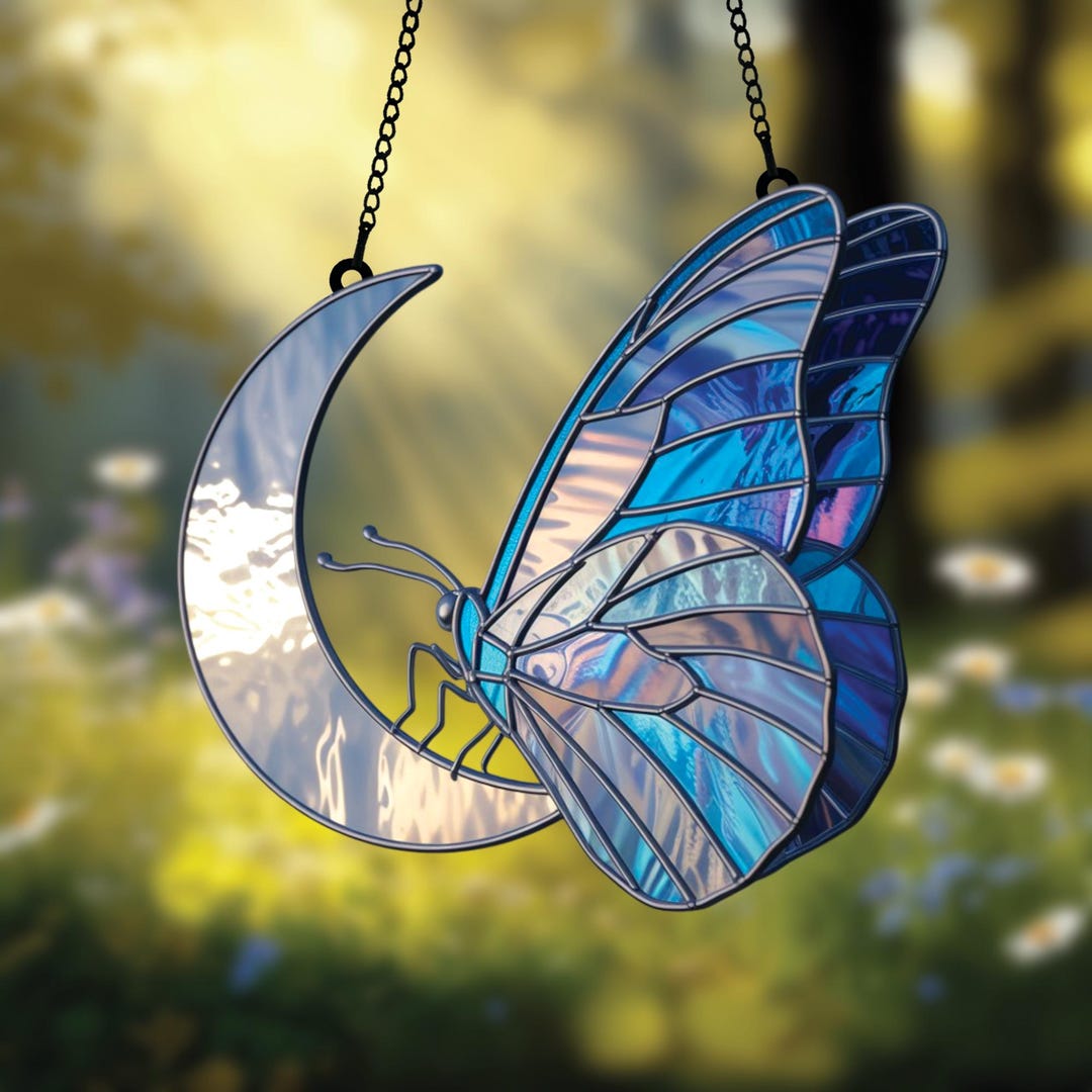 Crescent Moon & Blue Butterfly Stained Glass Suncatcher – Whimsical ...
