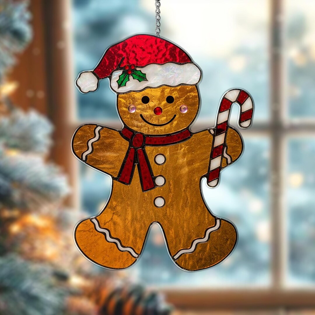 Real Stained Glass Gingerbread Man Christmas Suncatcher With Candy Cane ...