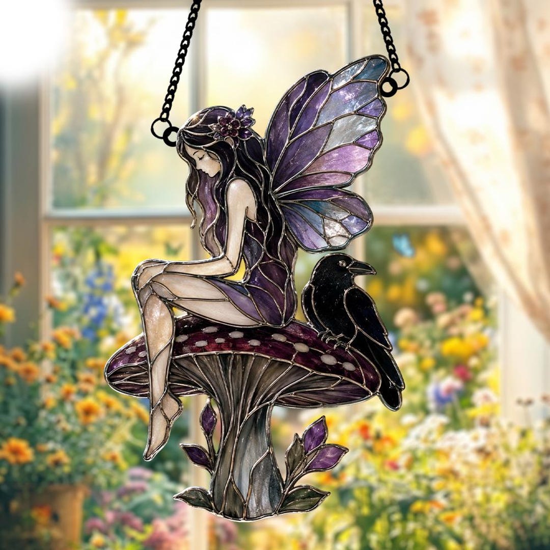 Gothic Fairy Raven Suncatcher | Faux Stained Glass Woodland Decor ...