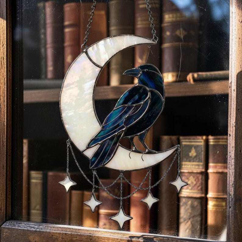 Celestial Raven Stained Glass Moon Suncatcher, Iridescent Gothic Window ...