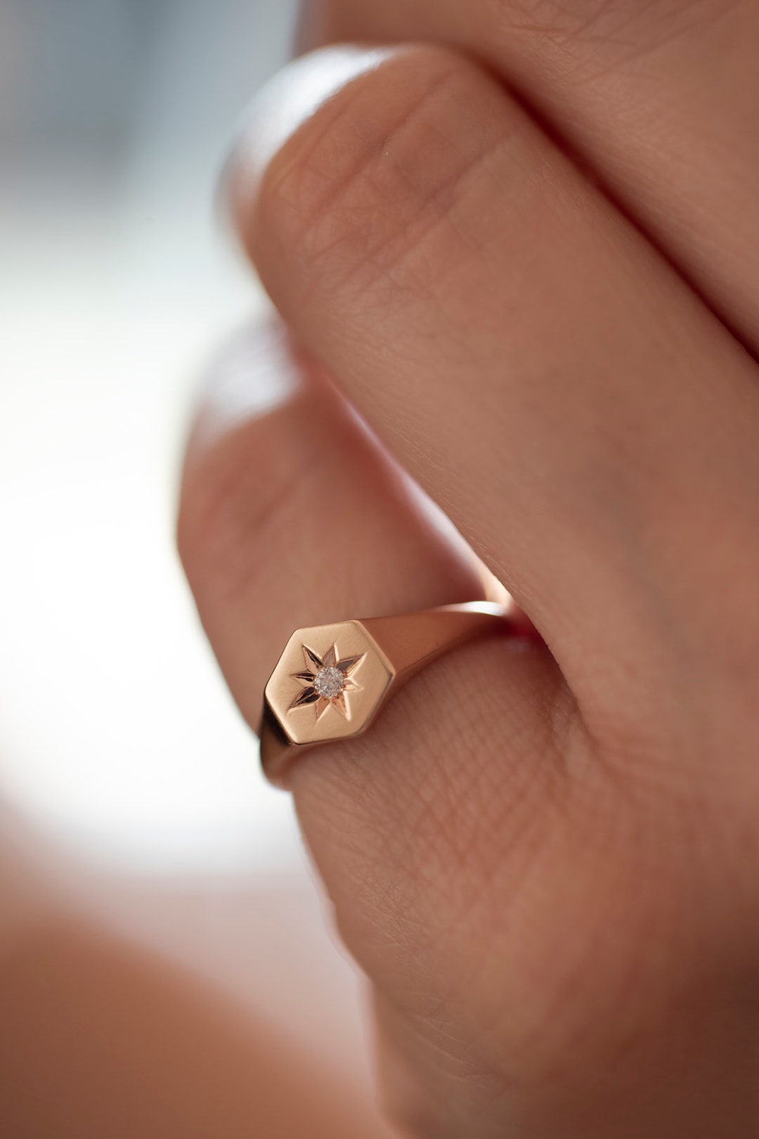 Star Signet Ring, Polaris Star Set Band, Hexagone Signet Ring, Pinky ...