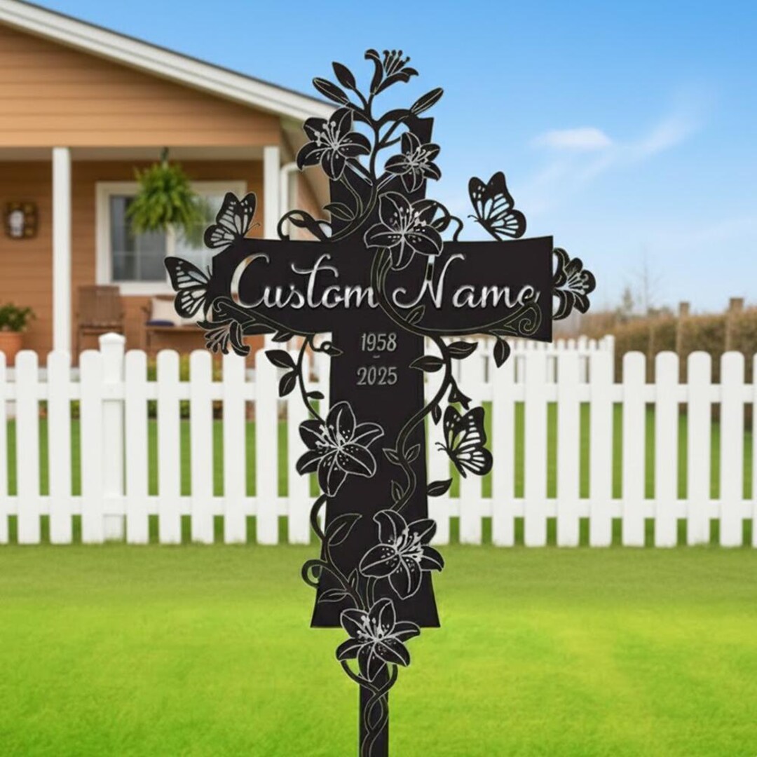 Personalized Cross Metal Memorial Sign, Lily Flowers Grave Marker - Etsy