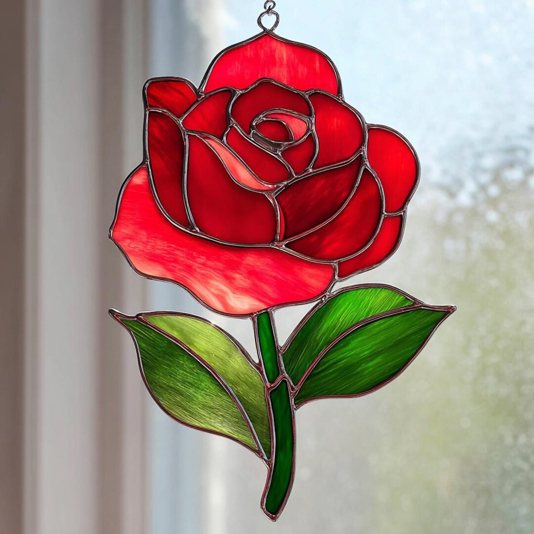 Handmade Red Rose Stained Glass Suncatcher, Romantic Window Decor - Etsy