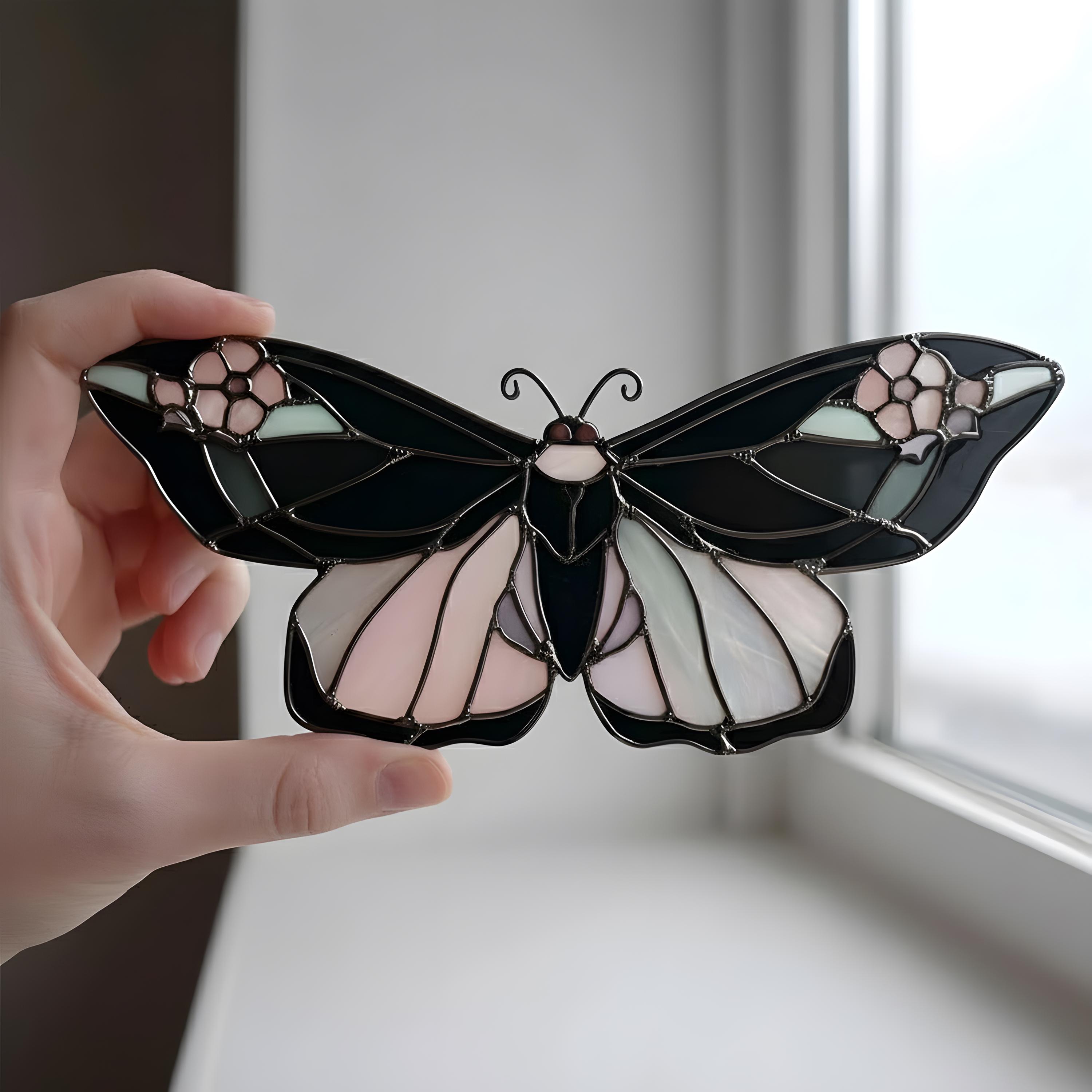 Black Luna Moth Stained Glass Suncatcher, Dark Gothic Moth Window ...