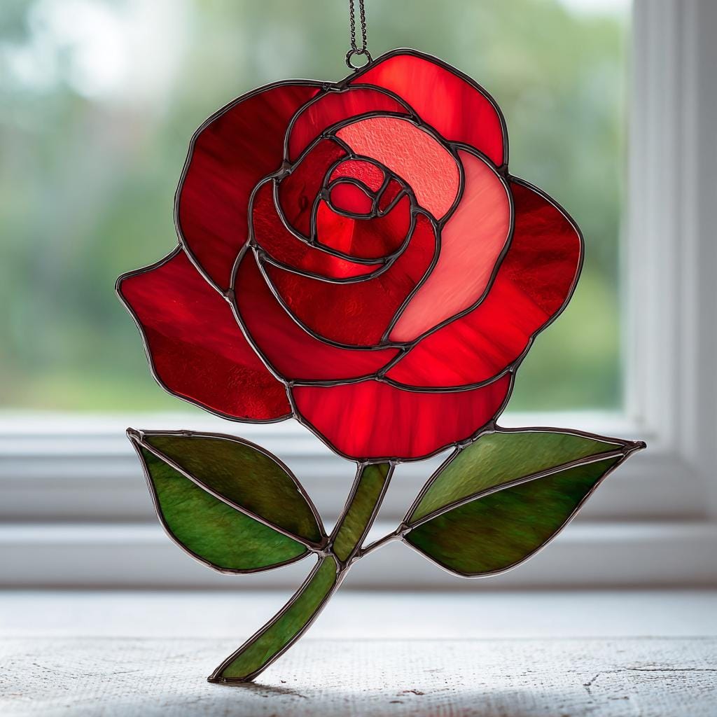 Handmade Red Rose Stained Glass Suncatcher, Romantic Window Decor - Etsy