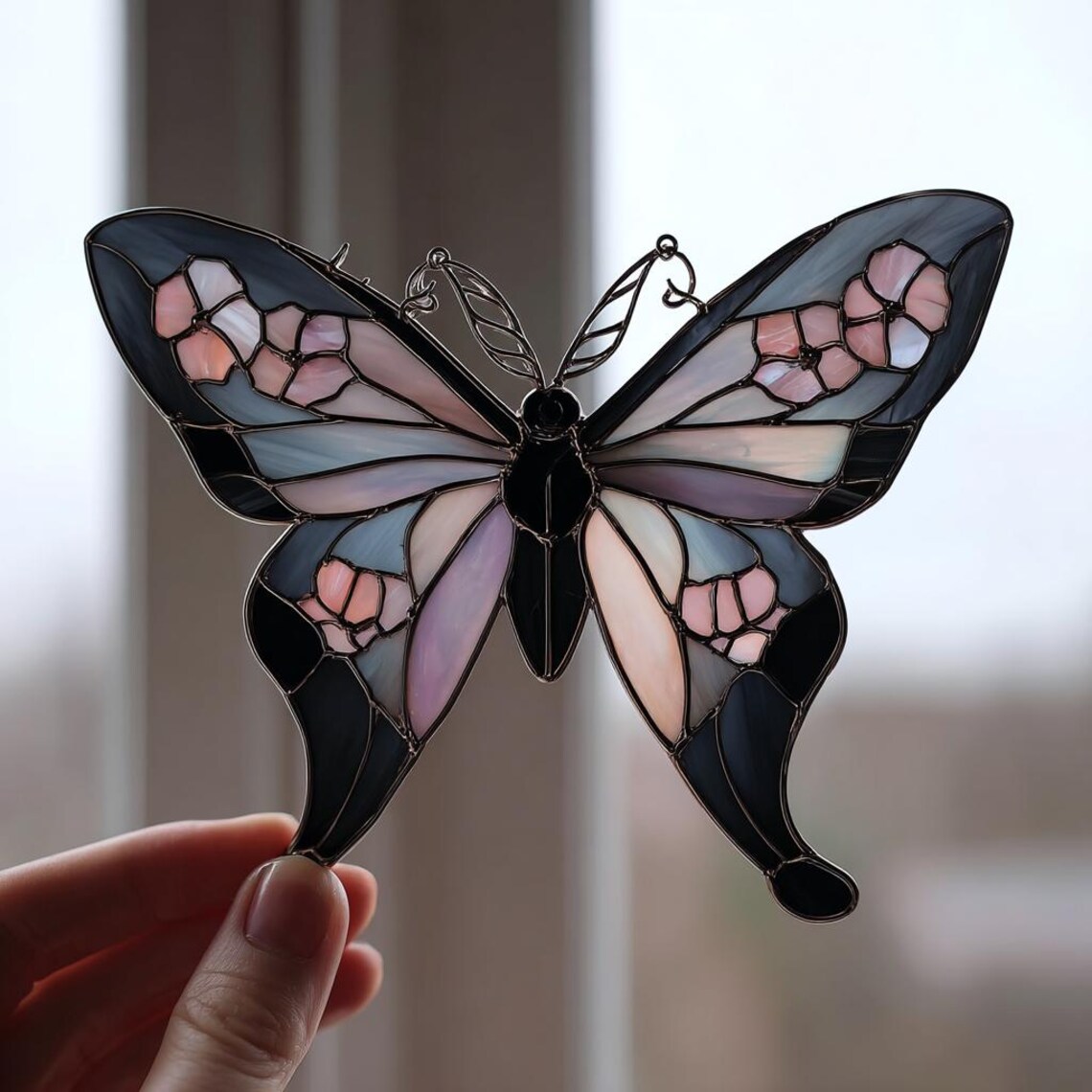 Black Luna Moth Stained Glass Suncatcher, Dark Gothic Moth Window ...