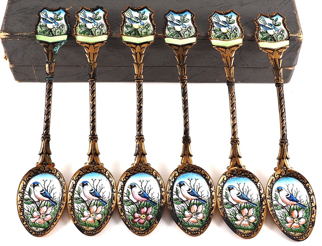 Vintage Painted Enamel Bronze Full Set 6 Pieces Tea Coffee Dessert ...