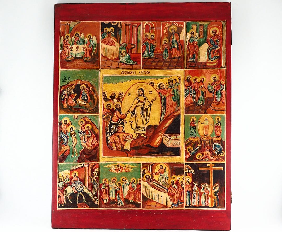 Large 52 by 41cm Hand Painted Festive Christian Icon Primitive ...