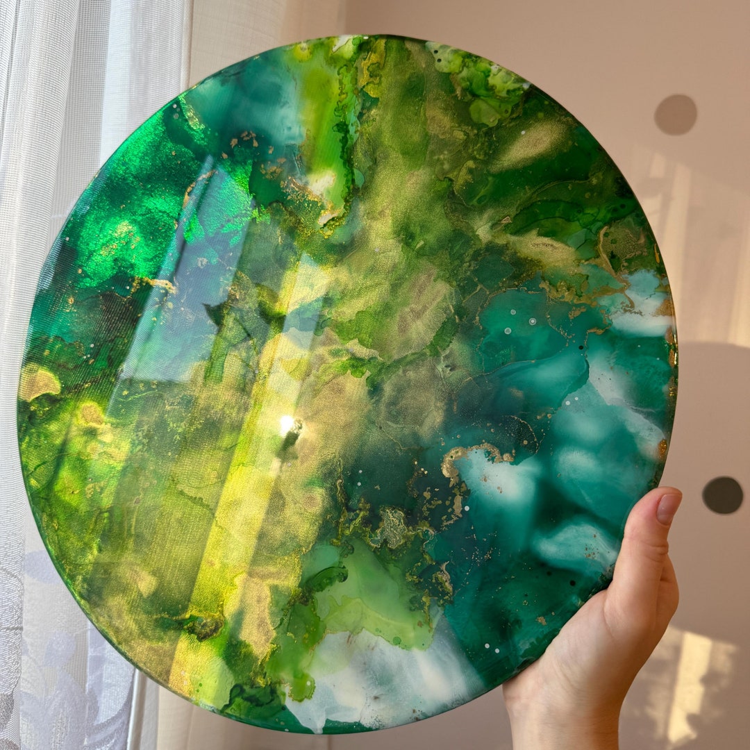Unique Circle Abstract Painting Modern Round Art Green Gold Artwork ...