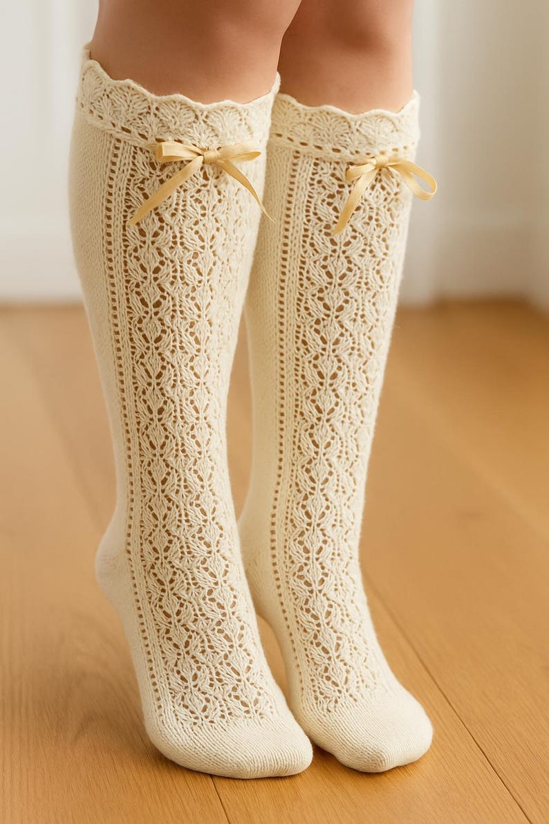 Lace Knit Knee High Socks Pattern Vintage Inspired Feminine Long Socks ...
