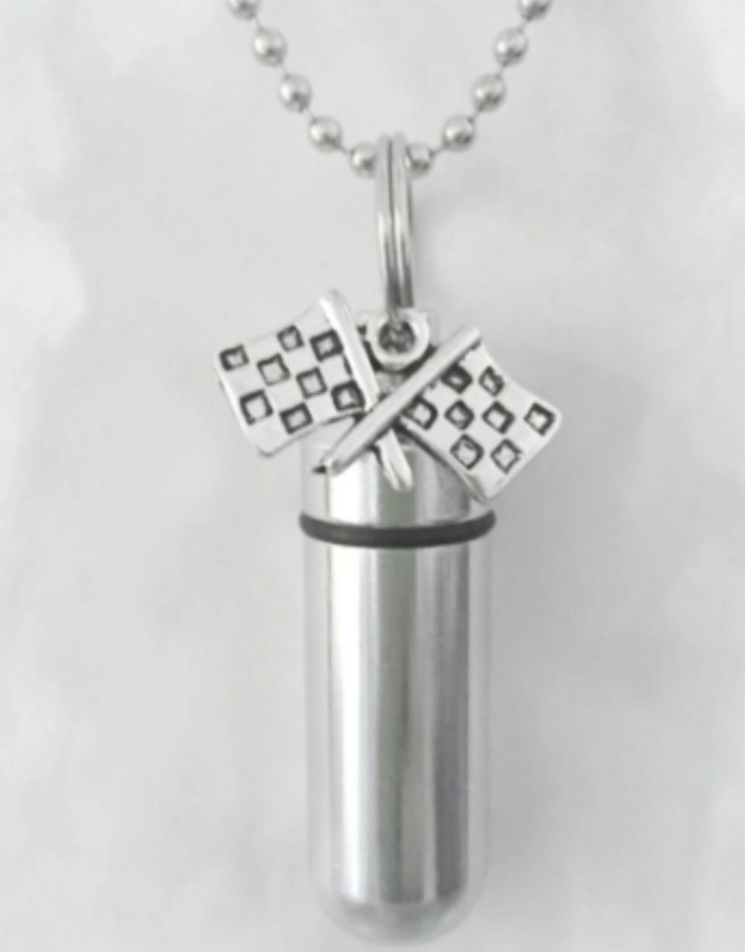 Cremation Urn & Vial on 24" Ball Chain Necklace With Racing Flags ...