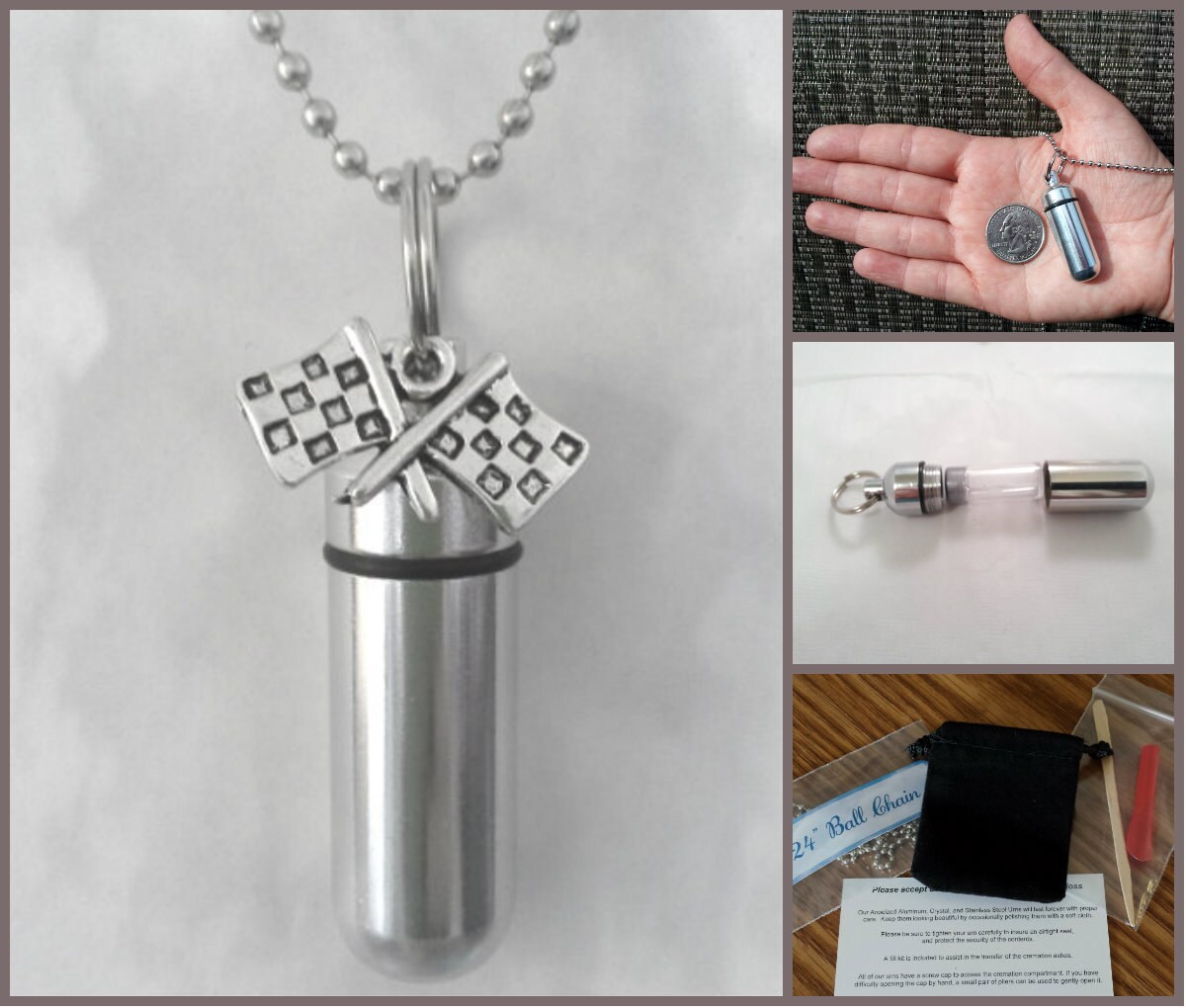 Complete Set NASCAR Cremation Urn & Vial on 24 Ball Chain Necklace with ...