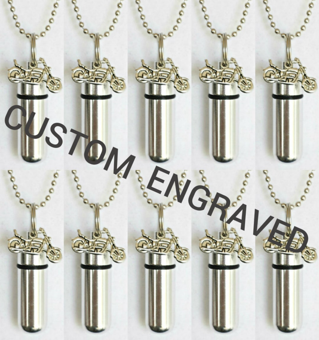 Set of TEN Custom Engraved Silver Motorcycle CREMATION URN Necklaces ...