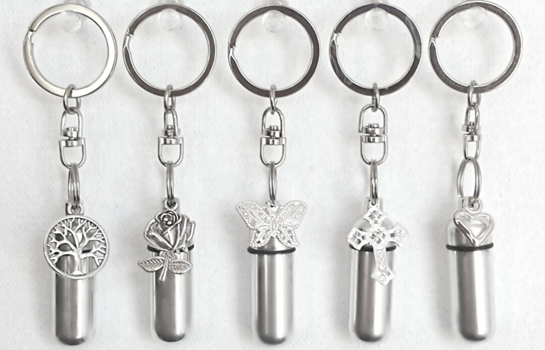 Set of FIVE Assorted CREMATION URNS on Steel Swivel Keychains - Silver ...