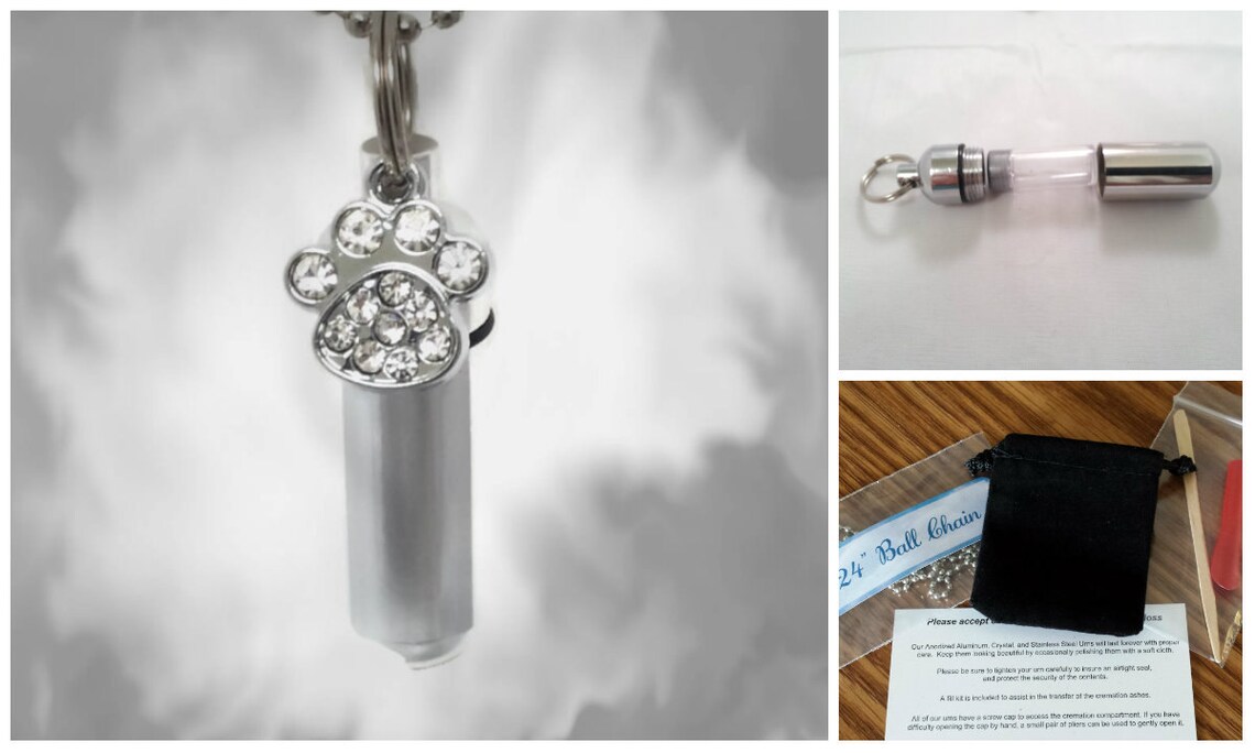 Complete CREMATION URN Set With Rhinestone PAW on 24" Necklace - Hand ...