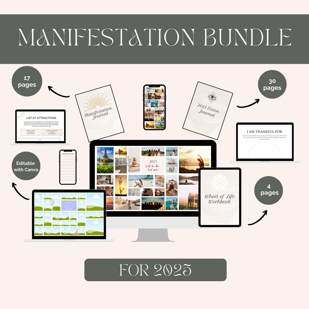2025 Manifestion Bundle + Vision Board Editable Templates for Canva ...
