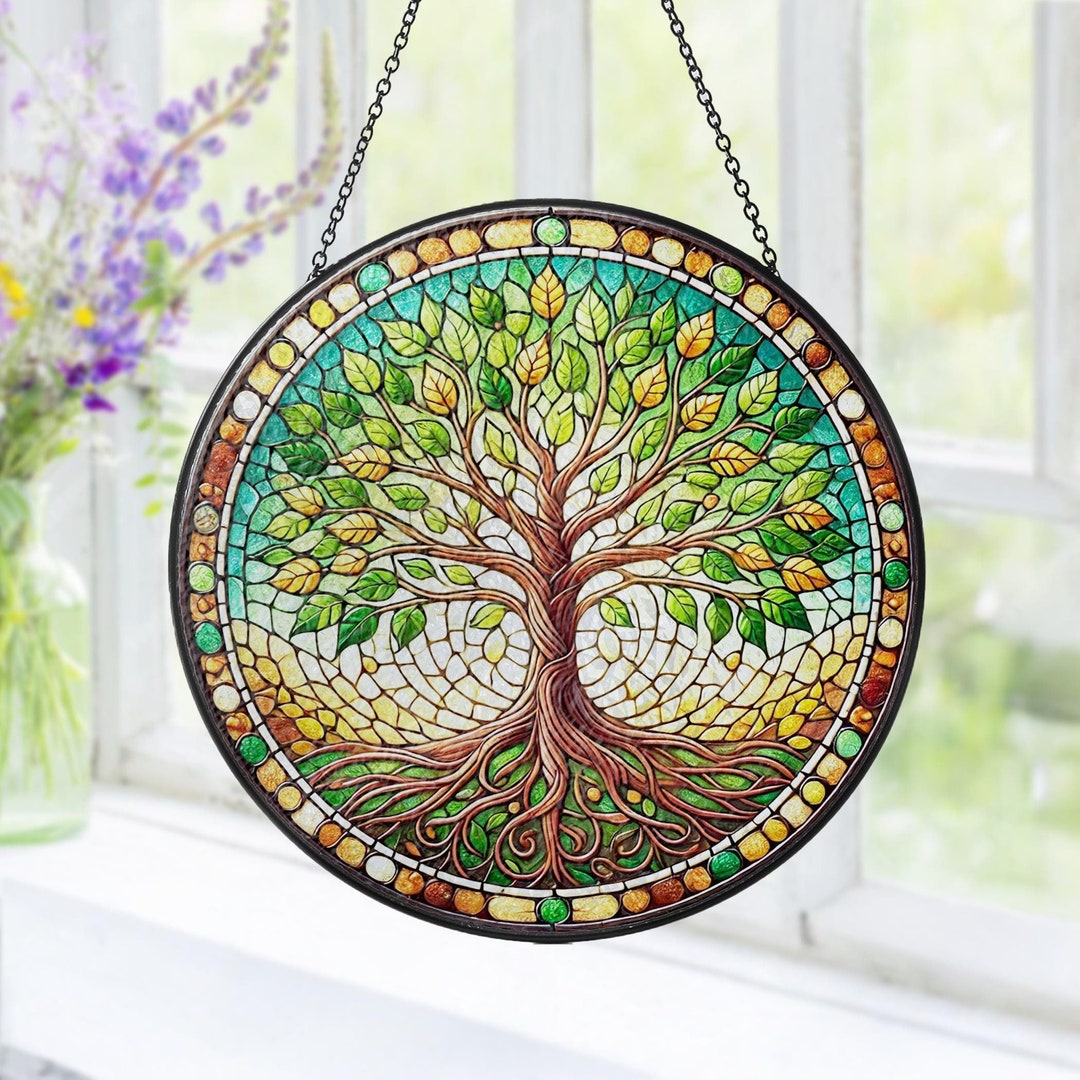 Stained Glass Suncatcher Tree of Life, Window Hanging Protection Charm ...