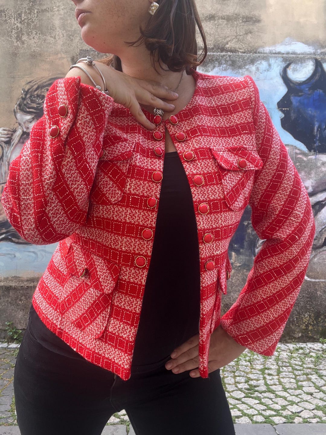 Red Tweed Jacket With Checks - Retro Bon Ton Style With Jewel Buttons ...