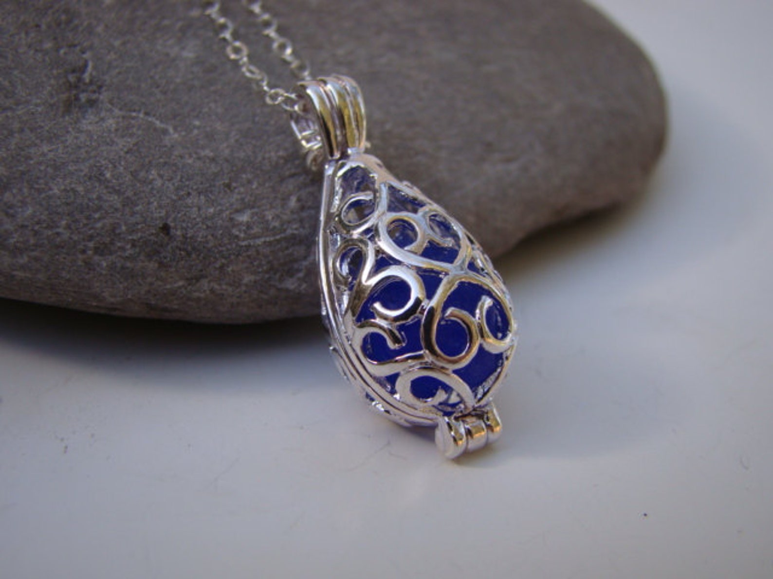 Silver Filigree Teardrop Locket - Cobalt Blue Sea Glass Pendant ...