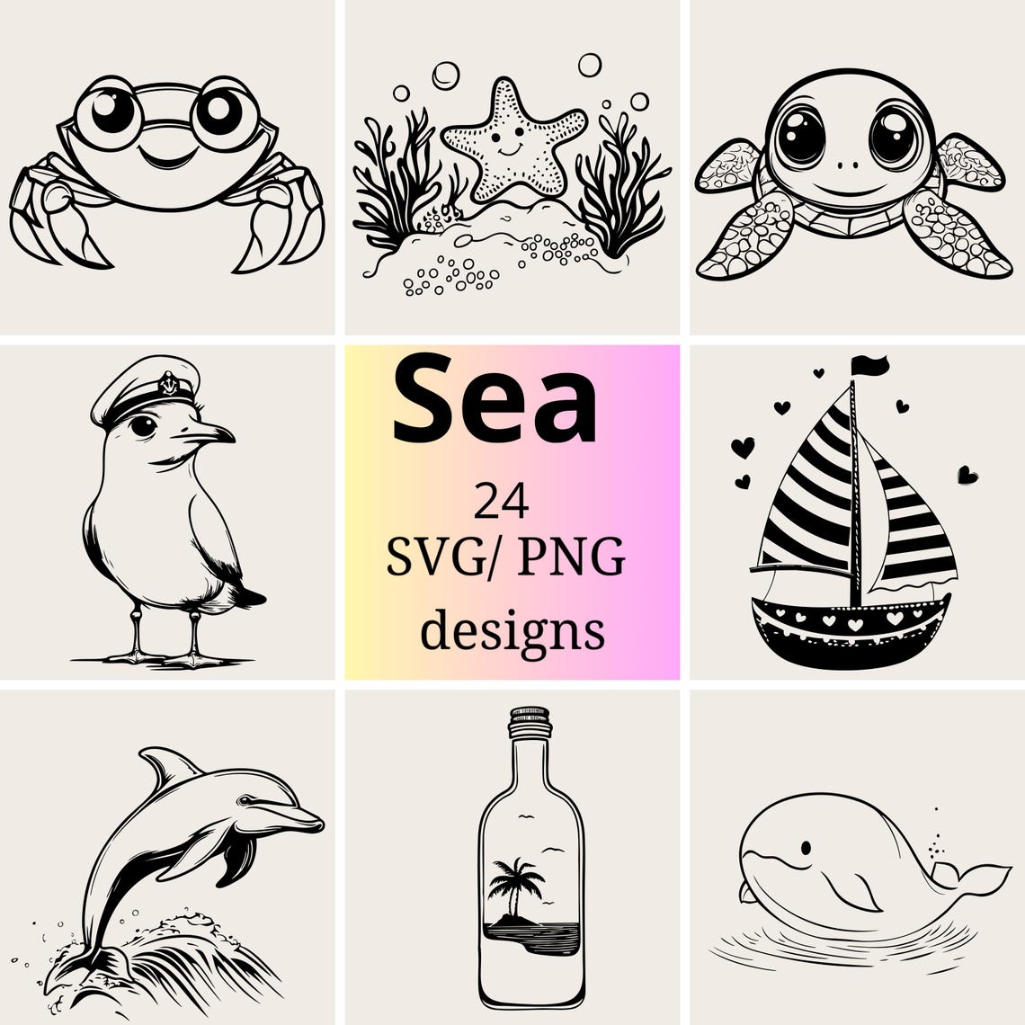 Sea Animals SVG PNG| Ocean Png Clipart Designs | Cute Marine SVG Bundle ...