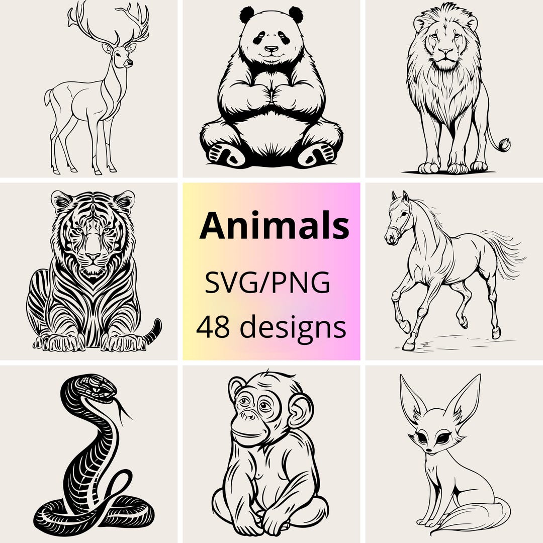 Animal SVG PNG Bundle | Wild Animal Designs | Animal Line Art | Wild ...