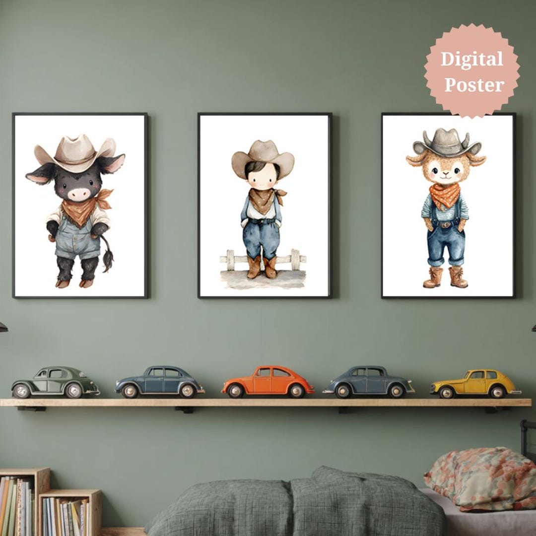 Cowboy Animals Nursery Wall Art Set of 3 | Western Calf Lamb Cowboy Boy ...
